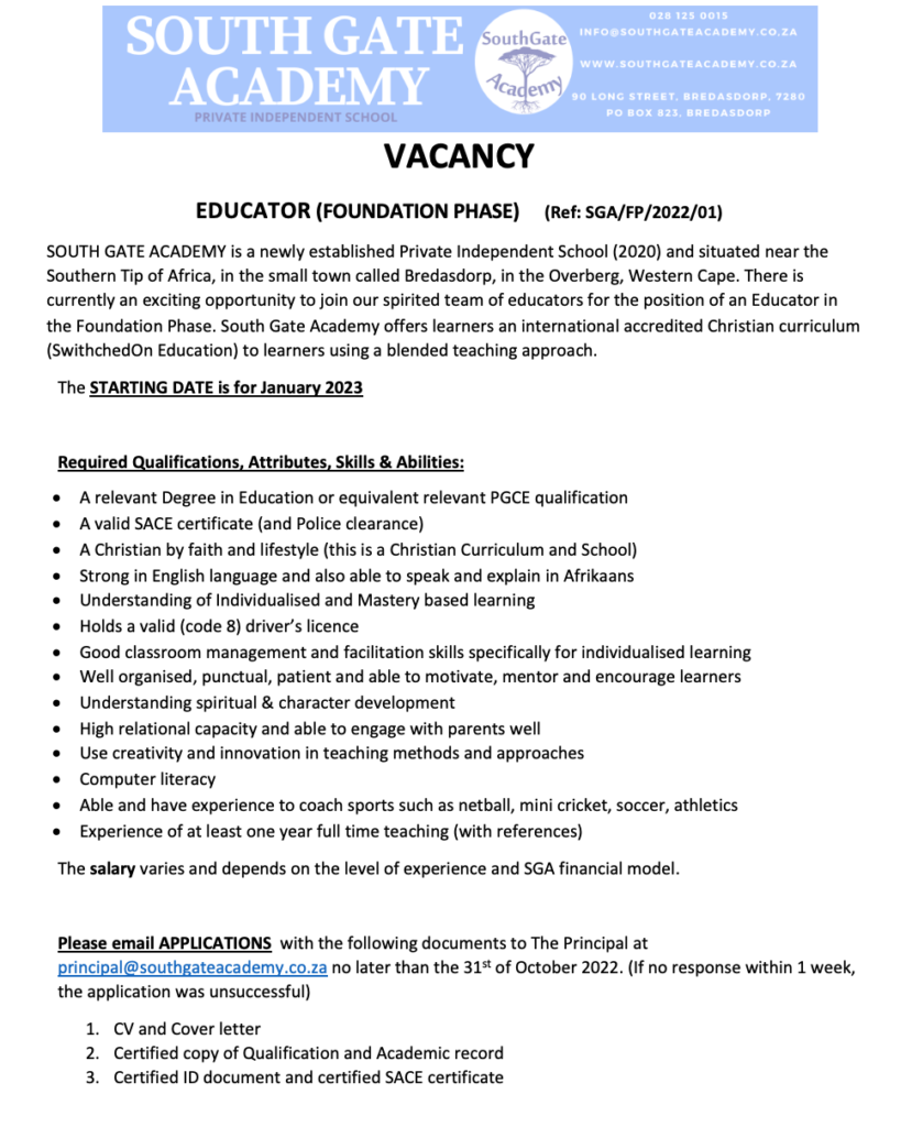 VACANCY Foundation Phase Educator - South Gate Academy | Private ...